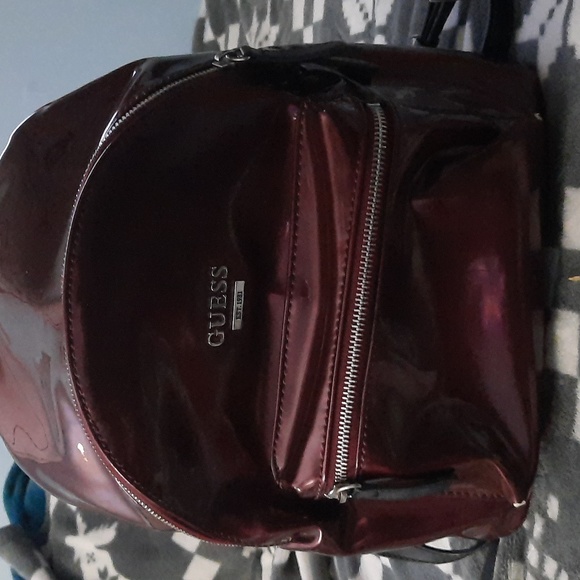 Guess | Bags | Guess Maroon Patent Leather 2 Zipper Pocket Backpack ...